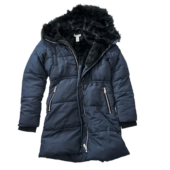 H&M | Jackets & Coats | Hm Navy Blue Black Fur Hood Eskimo Style Puffer ...